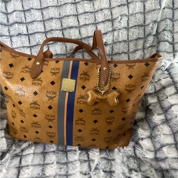 MCM | Bags | Mcm Cognac Monogram Visetos Stripe Shopper Tote | Poshmark